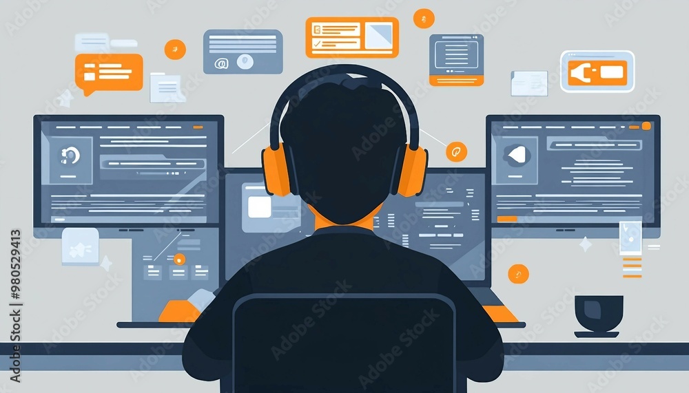 Live chat, technical support agent wearing a headset, customer support ...