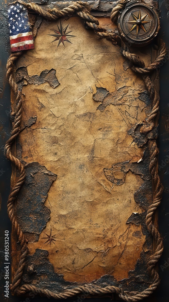 weathered treasure map with american flag corner coiled rope antique ...