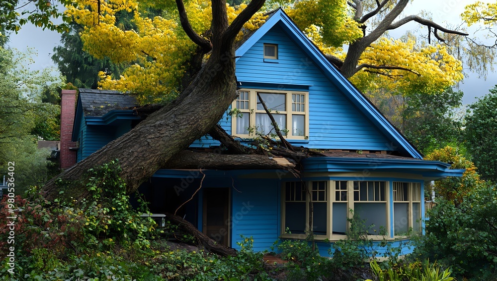 A large tree has fallen on a blue house, causing damage to the roof and ...