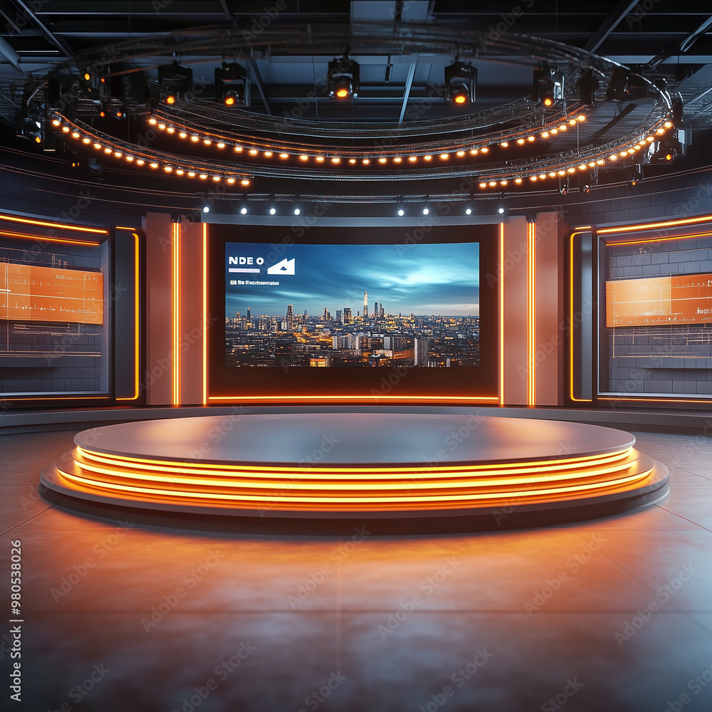 A modern circular stage in a studio setup featuring a large digital ...
