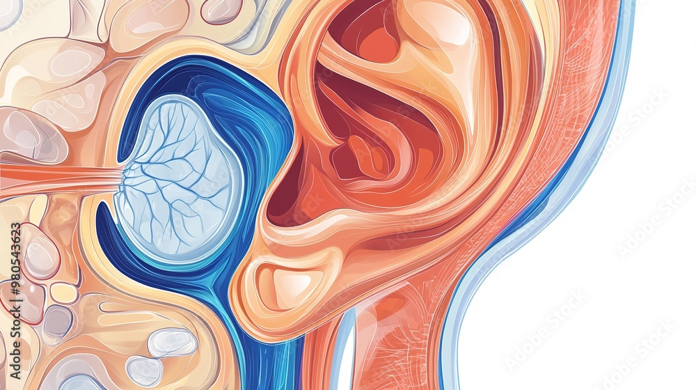 A detailed vector image of human ear anatomy, showcasing both the outer ...