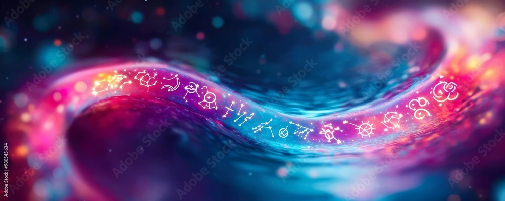 Cosmic river flowing with symbols of zodiac signs, merging at a central ...