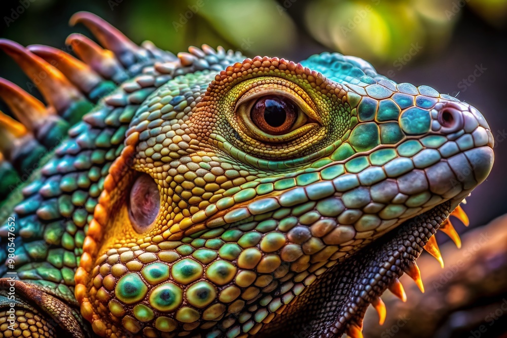 Vibrant reptilian scales shimmer in warm light, revealing intricate ...
