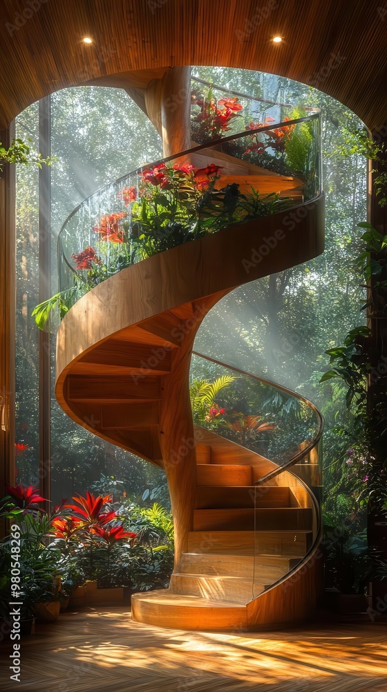 zen loft ascent sunlit wooden spiral staircase with glass balustrade ...