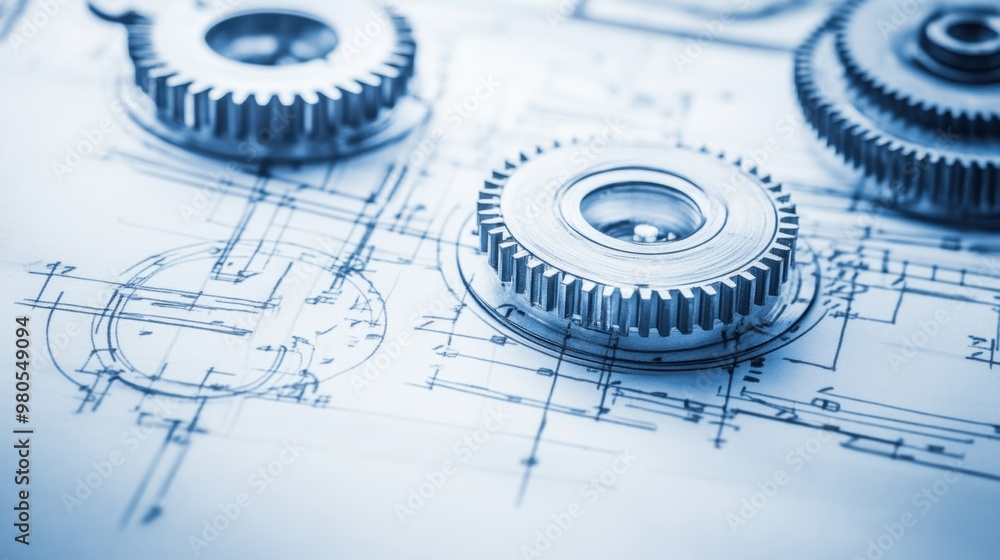 Close-up view of a technical blueprint with overlapping cogs and gears. The precision and ...