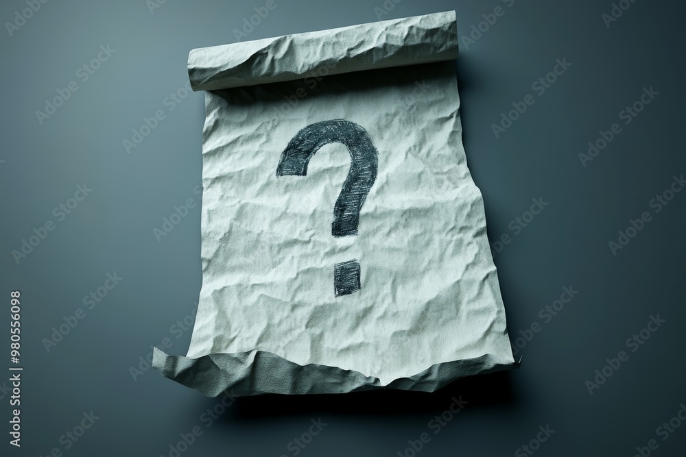 Crumpled sheet of paper with a grey question mark printed on it ...