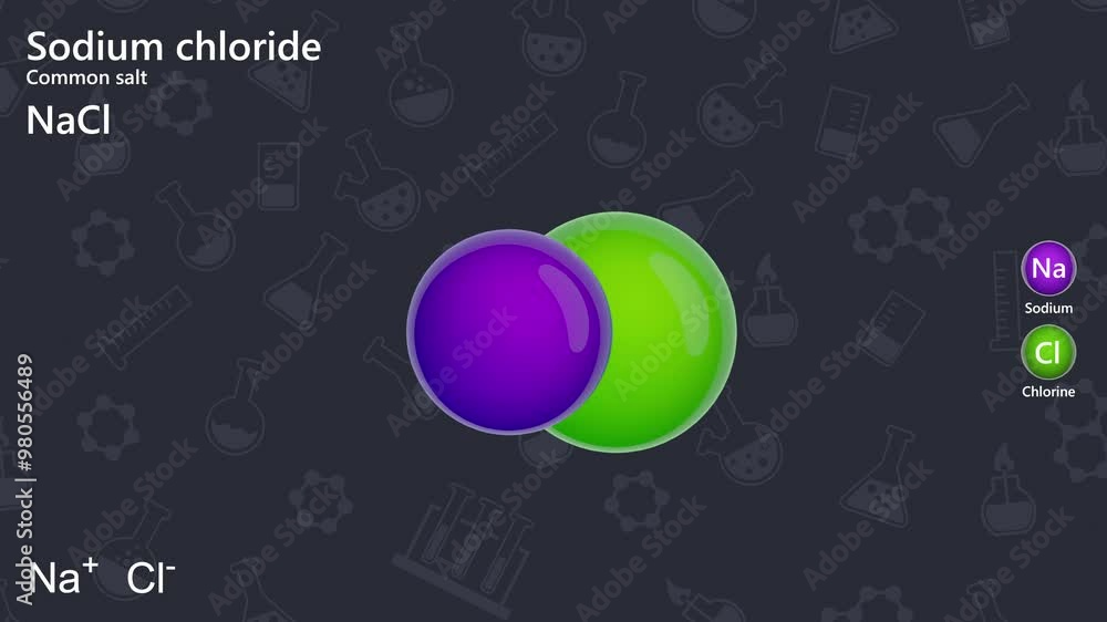 The video shows the 2d structure and 3d model of the Sodium chloride NaCl molecule (ClNa ...