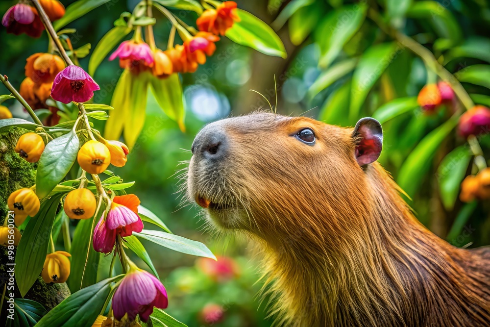 A curious capybara explores the lush underbrush of the Amazon ...