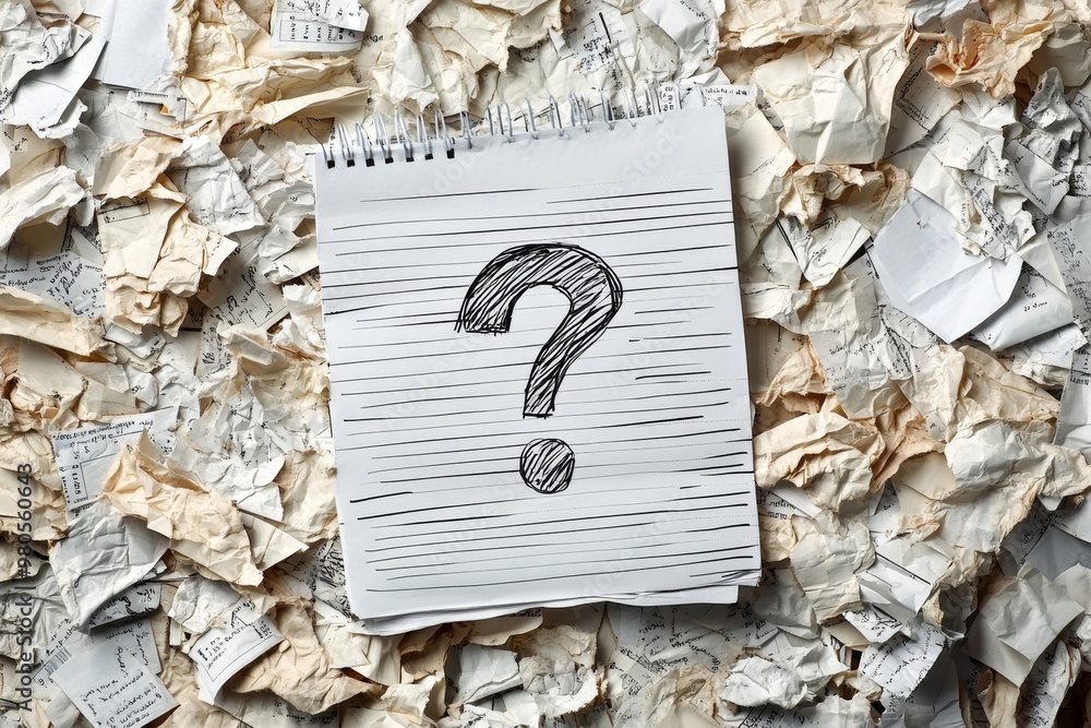 Crumpled notepad page with a hand drawn question mark scattered over a ...