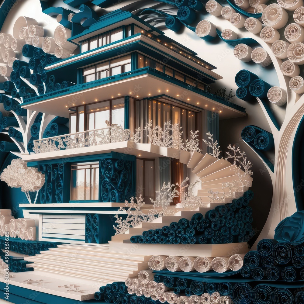 A vibrant 3D papercraft tree map, colorful paper rectangles of ...