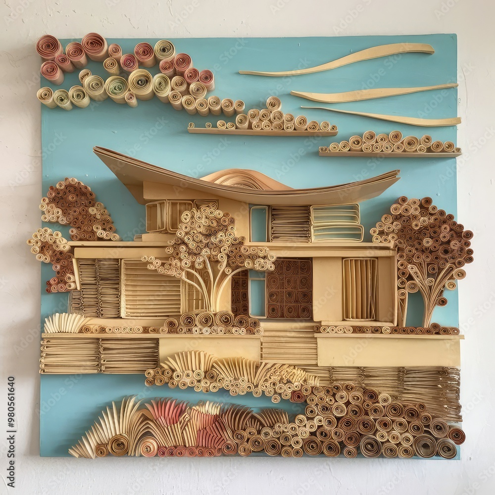 A vibrant 3D papercraft tree map, colorful paper rectangles of ...