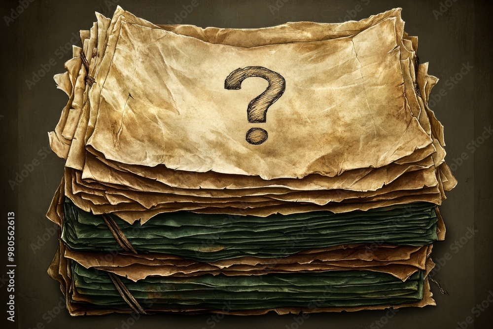 Stack of vintage papers with a central question mark symbolizing ...