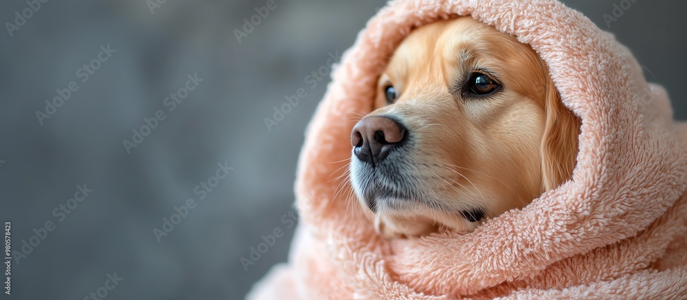 Cute dog wrapped in a soft pink blanket staring into the distance. Cozy ...