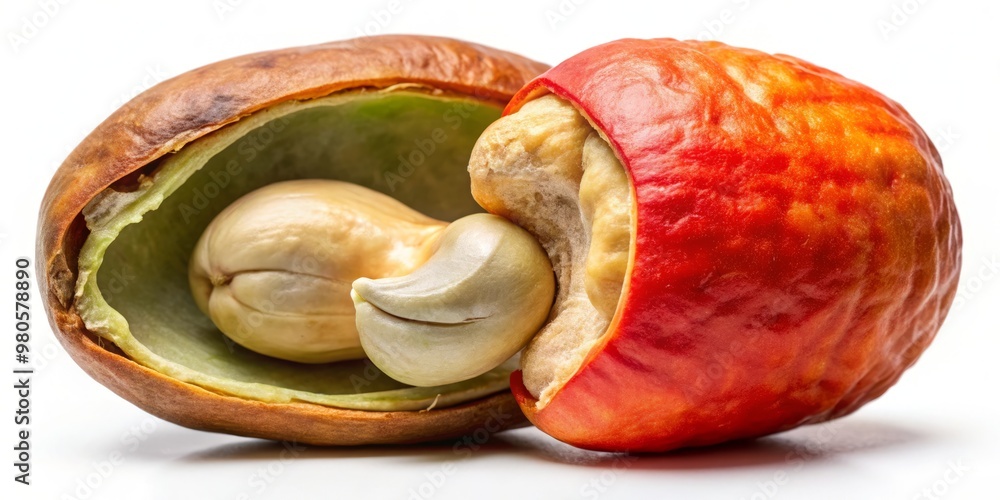 Cashew shell splits to reveal a single edible seed, often consumed as a ...