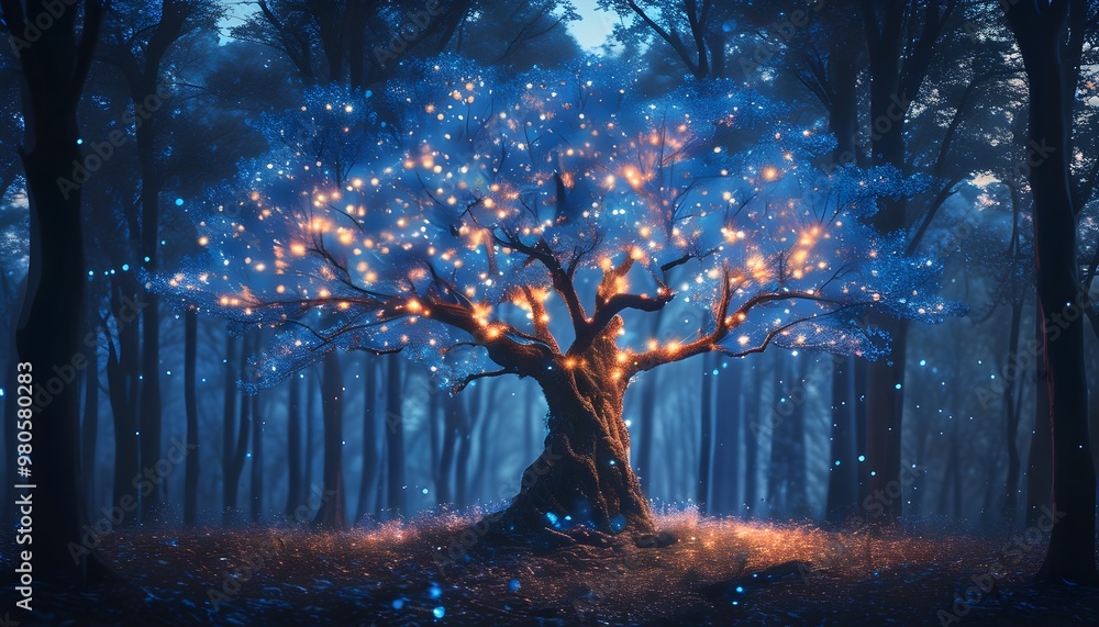 Twilight Enchantment: Mystical Fairy Tree Glowing in a Sparkling Forest ...