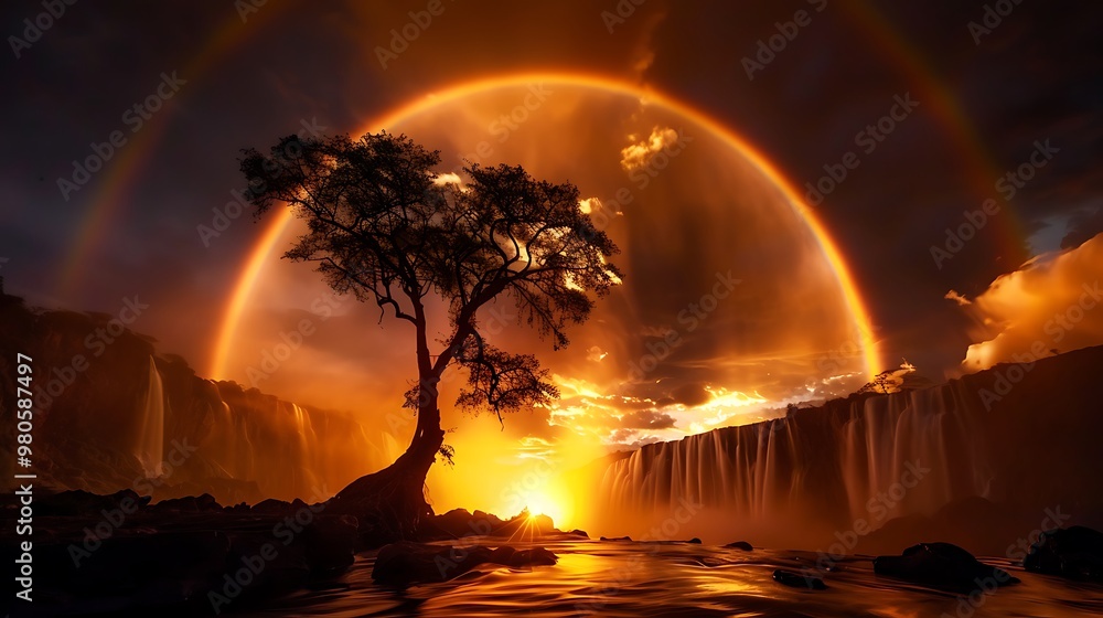 majestic victoria falls, rainbow in the mist, full moon rising a ...