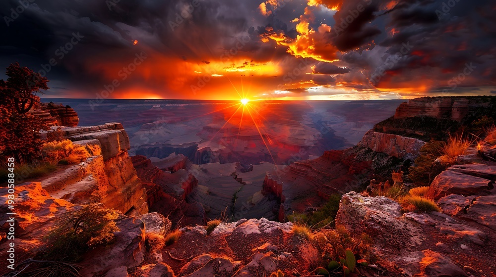 grand canyon vista, layers of colorful rock strata, dramatic clouds the ...