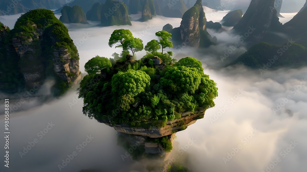ethereal floating mountains of zhangjiajie, misty valleys below the mist swirls around the ...