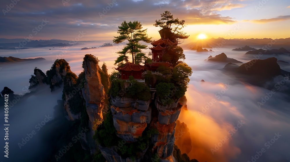 ethereal floating mountains of zhangjiajie, misty valleys below the ...