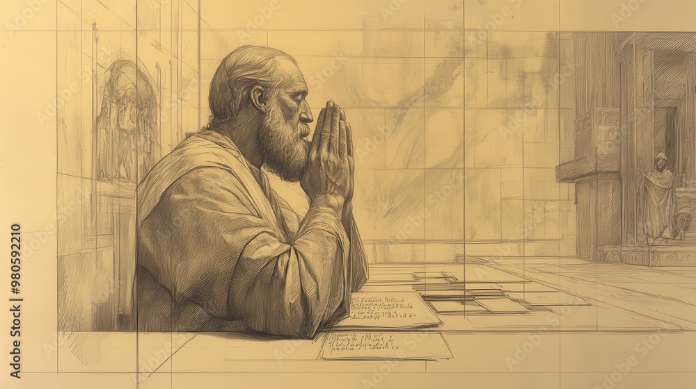 Redemption and repentance as Manasseh prays at his palace, with symbols ...