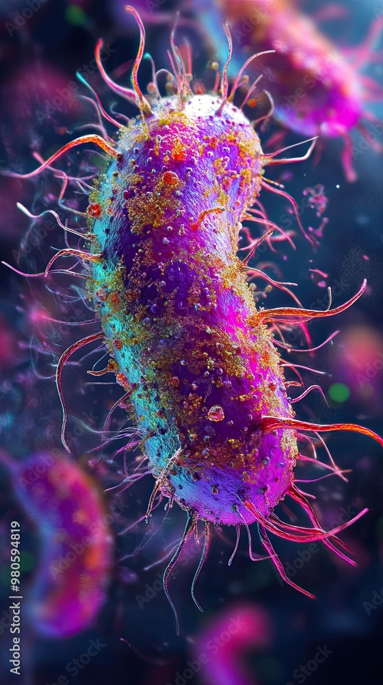 Vibrant illustration of a bacterial cell with unique flagella and cell ...