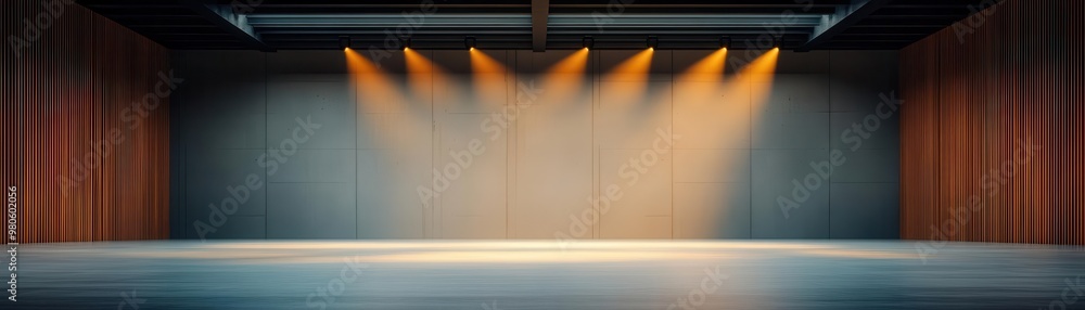 Minimalist stage installation with a single bright spotlight ...