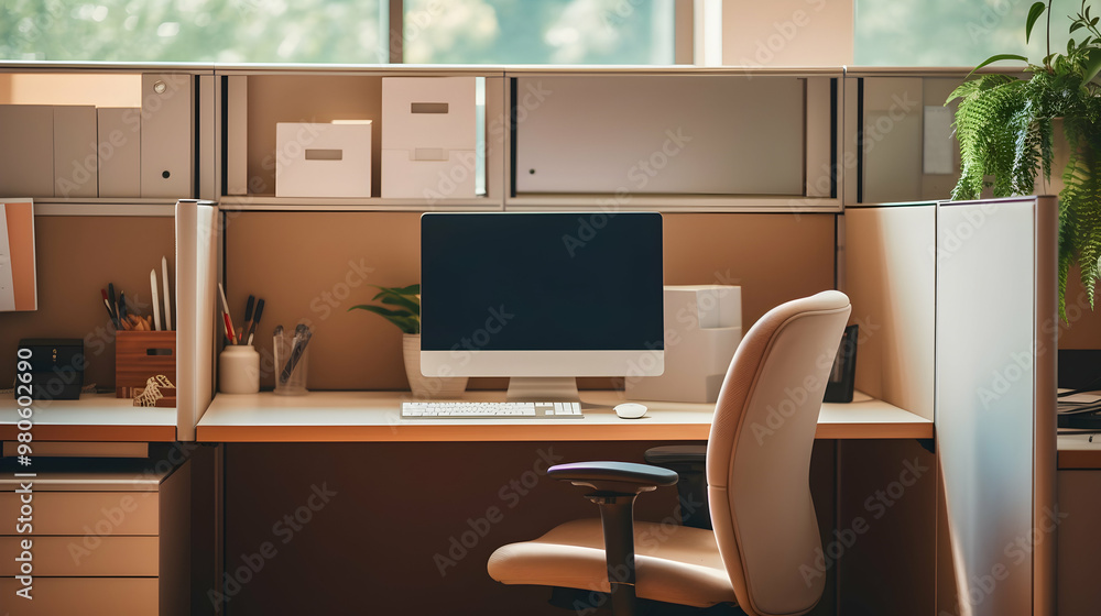An organized office cubicle with a tidy desk Stock Photo | Adobe Stock