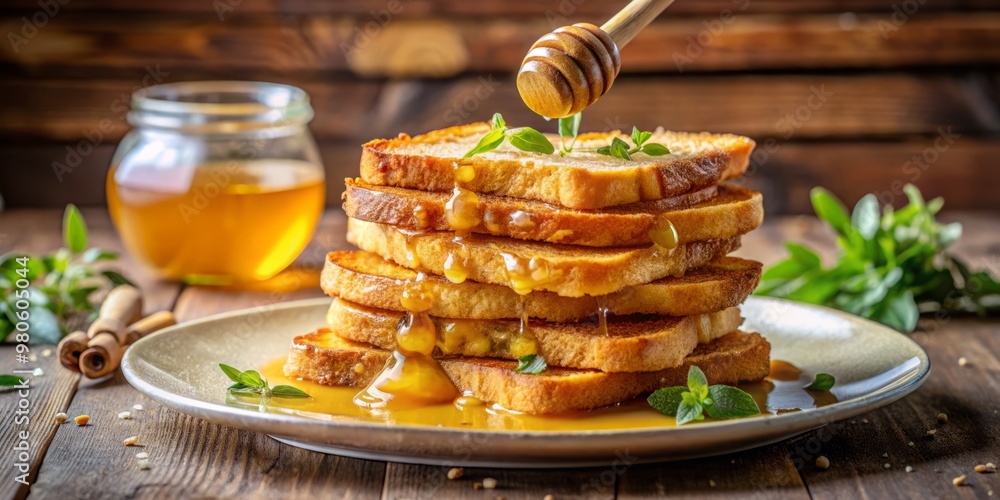 Golden plates stacked high with crispy bread slices, piled high with ...