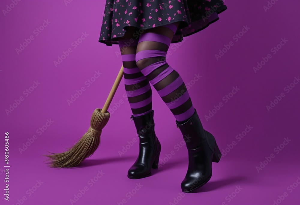 Witches legs in stripe tights and boots and a broomstick on a purple ...