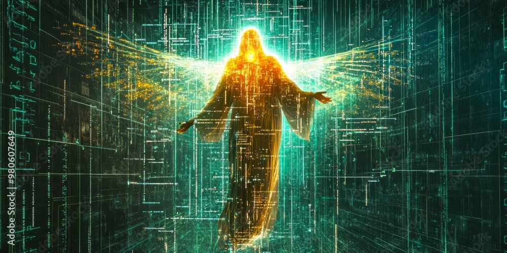 A radiant figure ascends in a digital realm. The angelic form glows ...