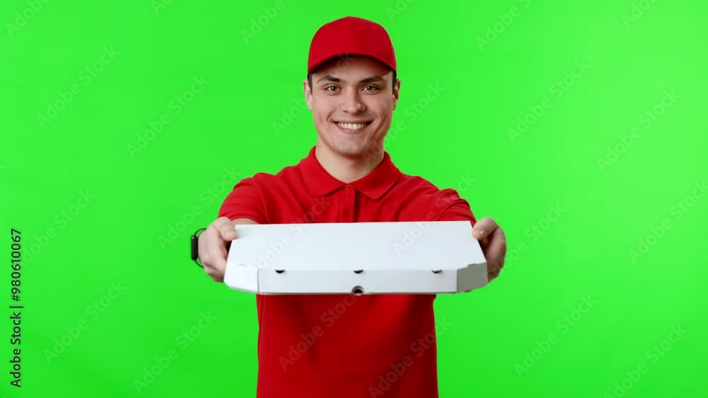 A cheerful delivery person in a red uniform holds out a pizza box ...