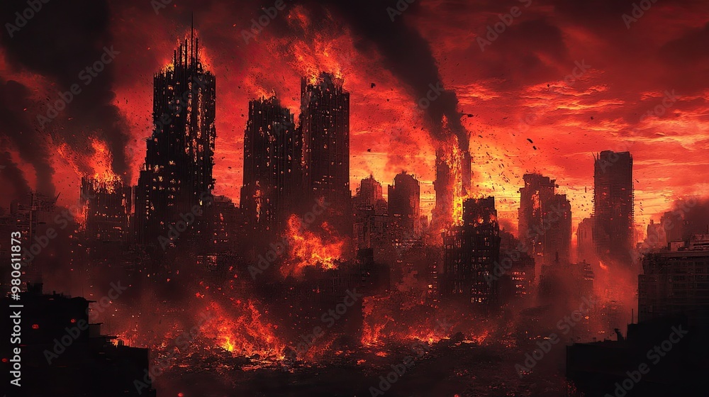 A dystopian city skyline burning under a crimson sky with crumbling ...