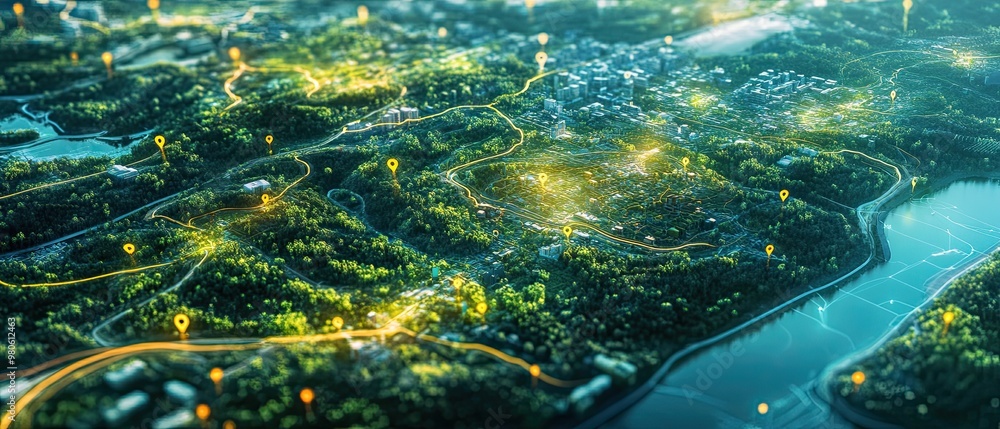 Top-down perspective of land with network markers indicating ...