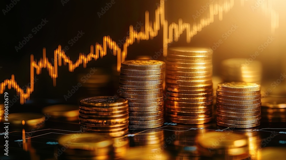 Visualize a powerful combination of stacks of gold coins and a rising ...