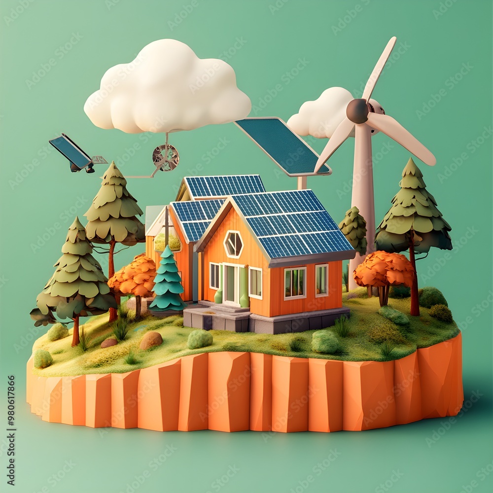 Renewable energy credits, flat design, side view, green energy theme ...