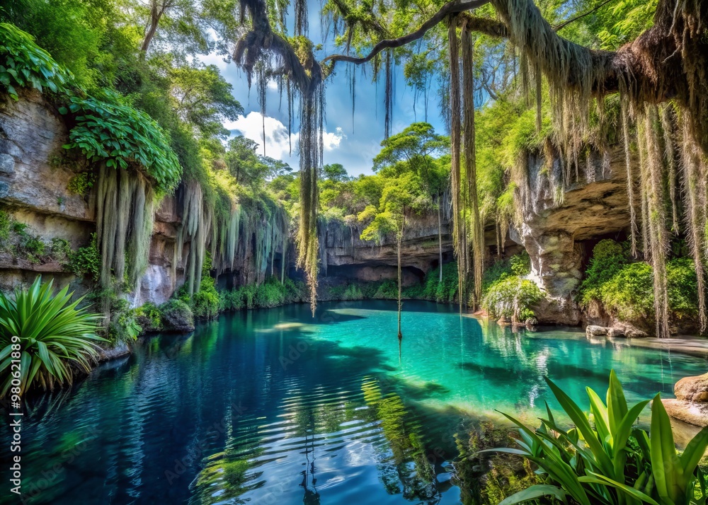 Tropical foliage surrounds a cenote, with vines snaking up ancient ...