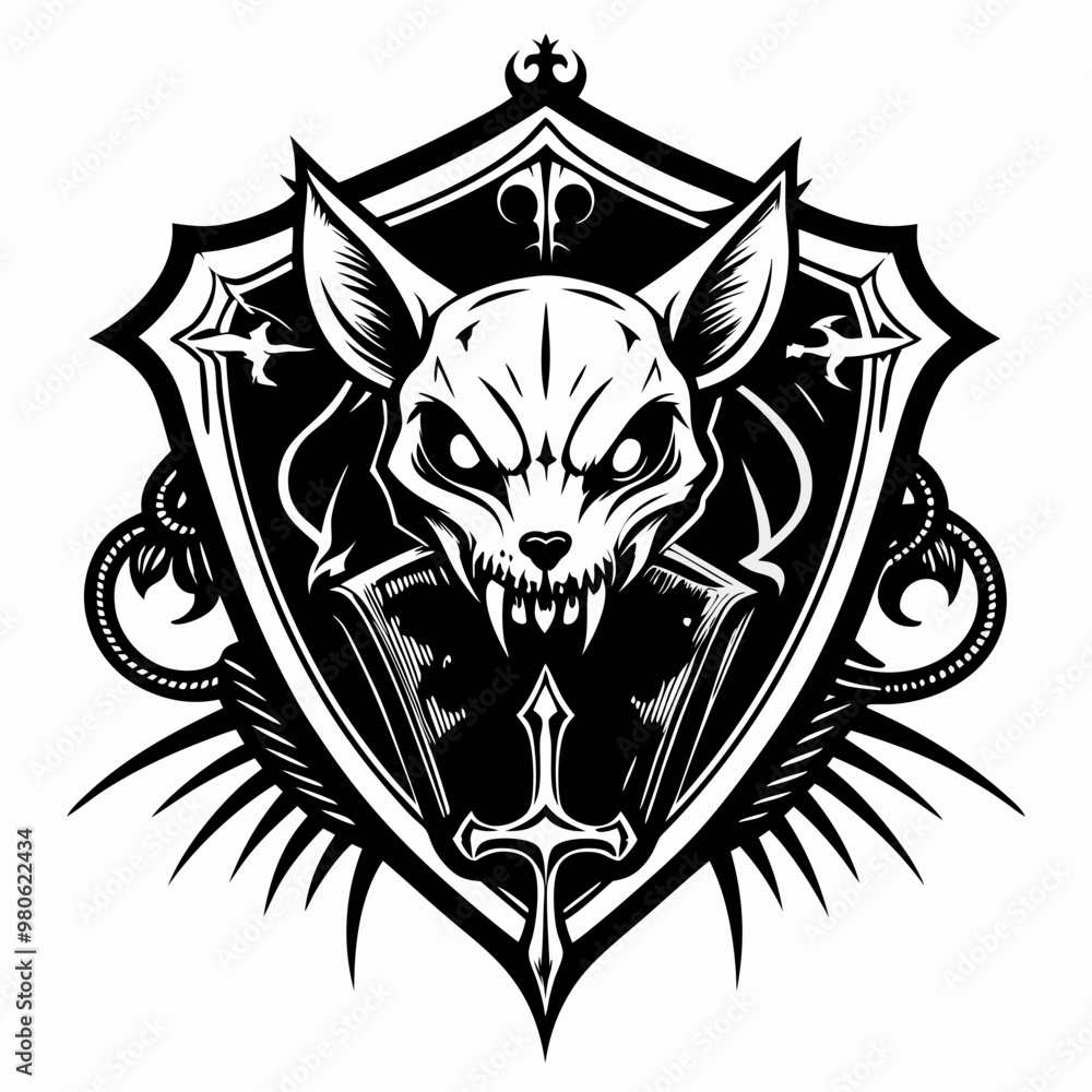 Gothic Vampire Bat Emblem with Shield and Cross Black and White Tattoo ...