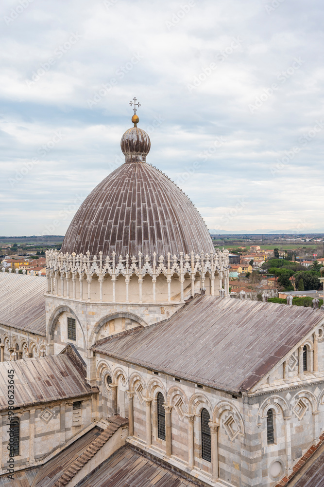 Architectural details of facade and dome of medieval Pisa Cathedral in ...