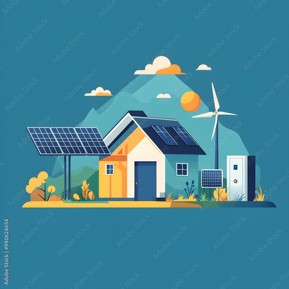 Energy storage solutions, flat design, front view, renewable energy ...