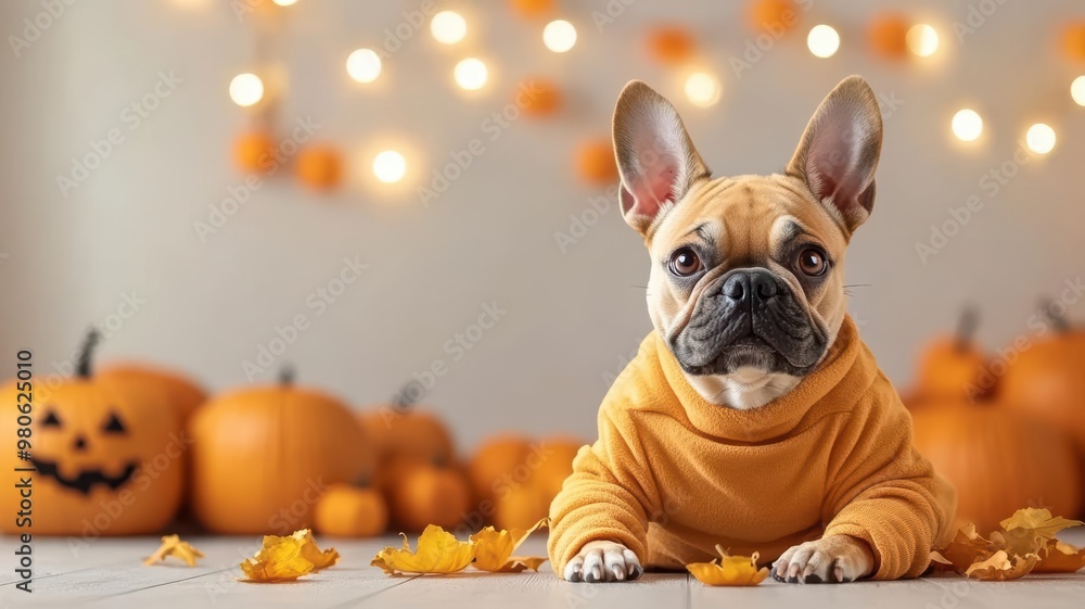 Bulldog in a zombie costume, standing in a dark room with flickering ...