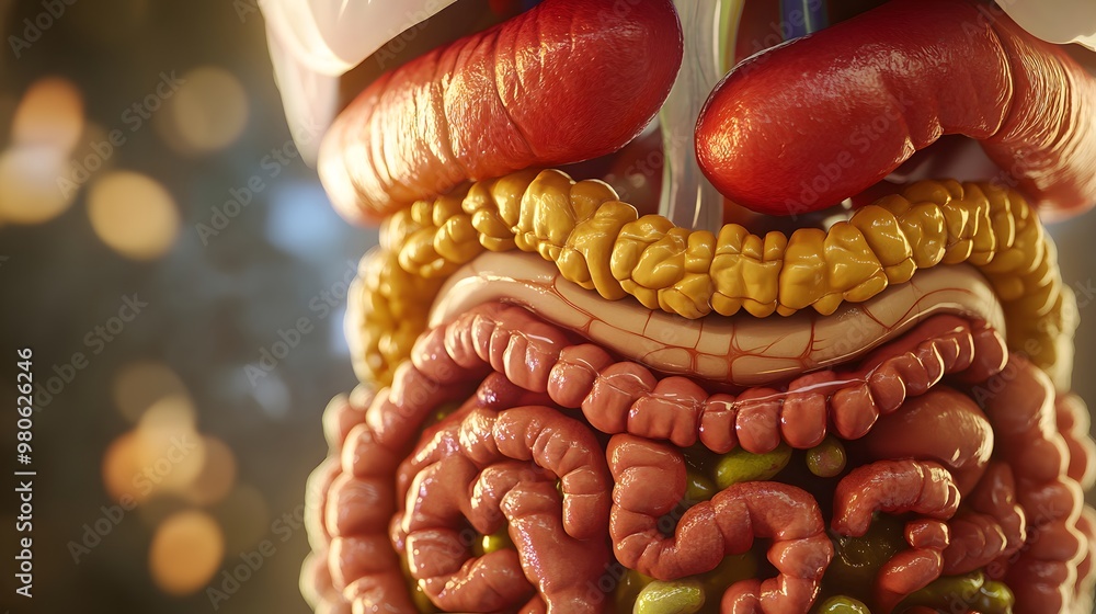 Anatomy of the human digestive system, showing organs in sharp detail ...