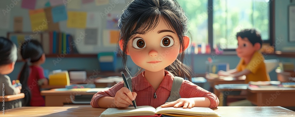 An engaging classroom scene with a young girl focused on writing in her ...