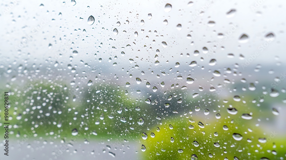 A close-up of a rain-soaked windowpane, with droplets of water creating ...