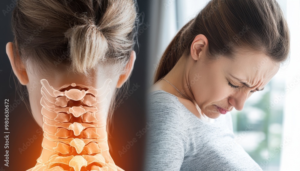 Woman suffering from neck pain, holding her head and grimacing in ...