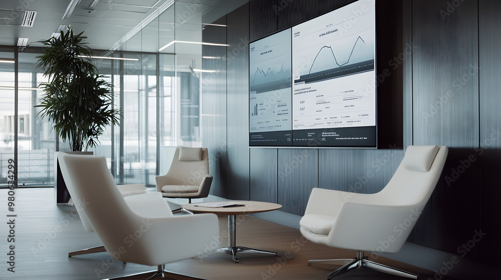 Modern Office Lobby With Large Screen Displaying Charts And Graphs ...