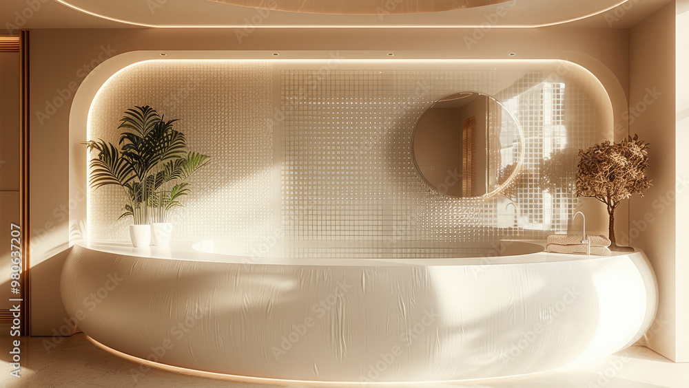 Modern interior design, featuring a curved white counter with rounded ...