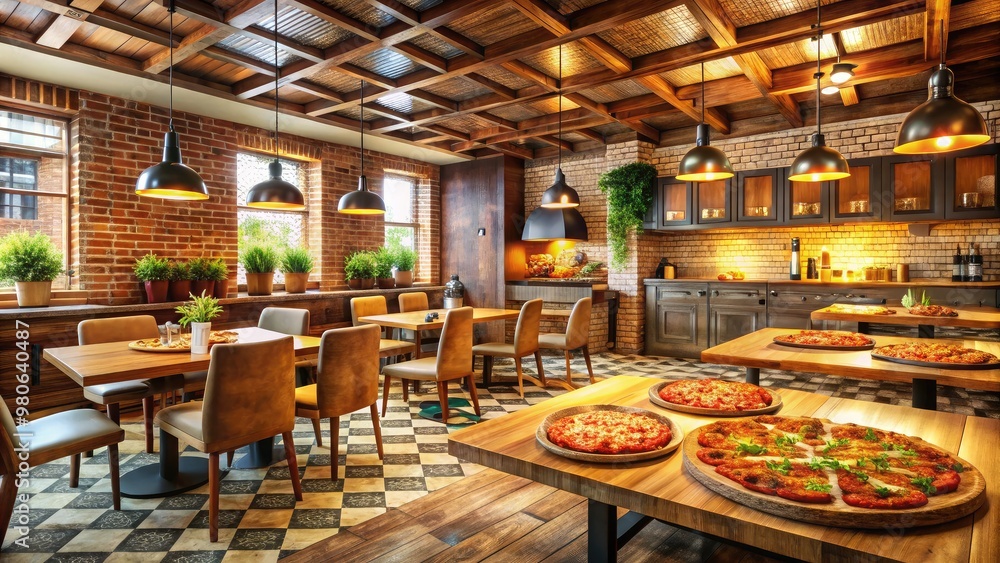 Realistic photograph of the cozy interior of a pizzeria, featuring ...