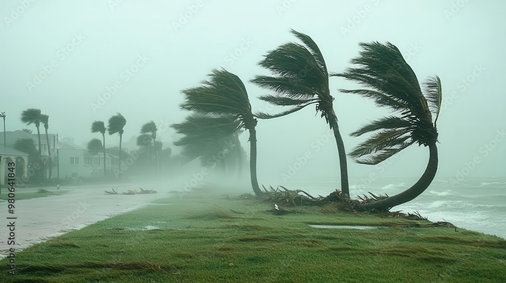 Hurricane-force winds bending palm trees and blowing debris across a ...