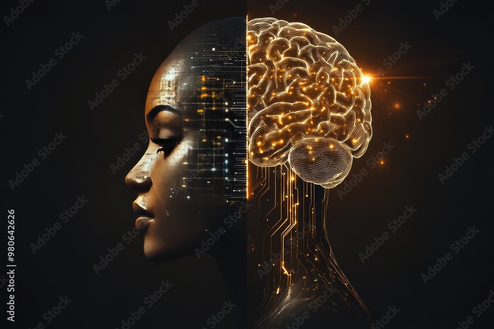 Portrait of a woman with visible brain circuitry and a glowing neural ...