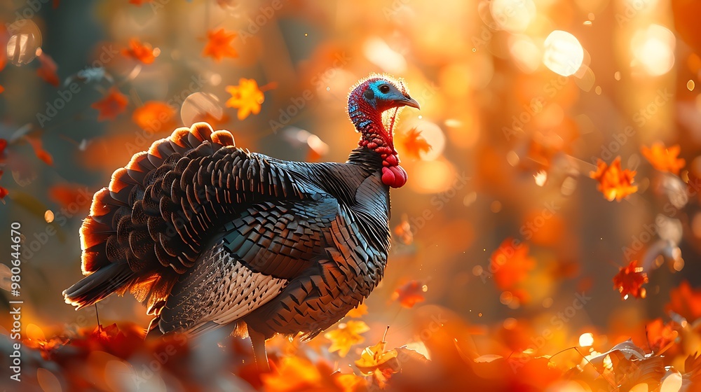 A close-up realistic depiction of a wild turkey standing proudly in an ...